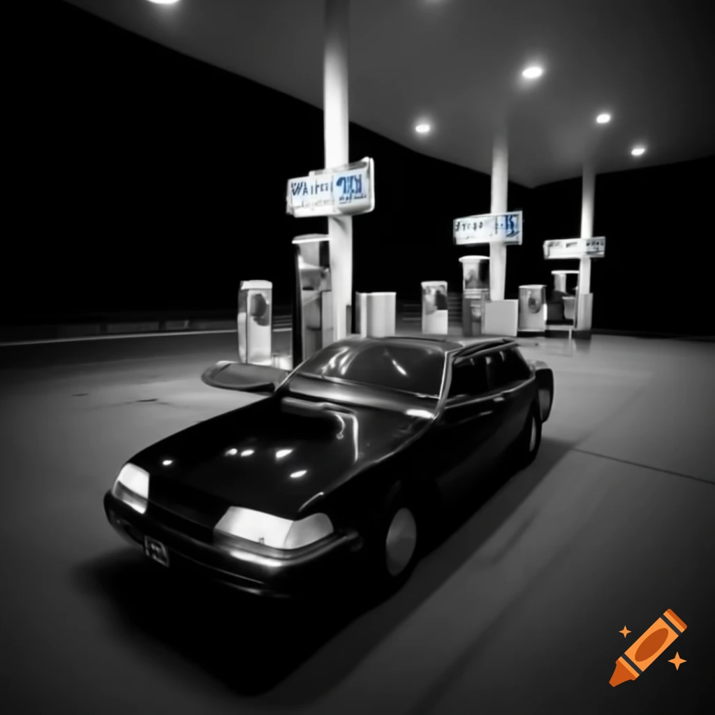 Grainy security camera image of black sedan at gas station at night on ...