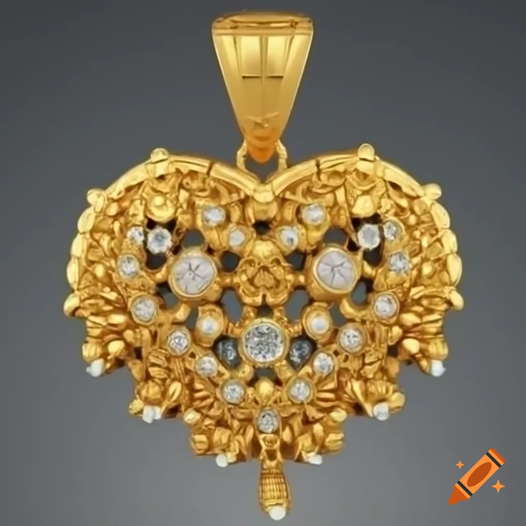 Intricately designed gold pendant with symmetrical floral motifs and ...