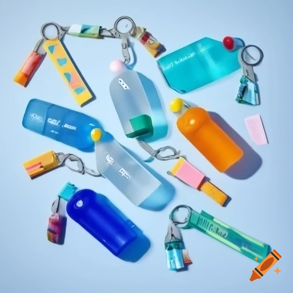 Vibrant pile of used plastic water bottles with colorful keychains and ...