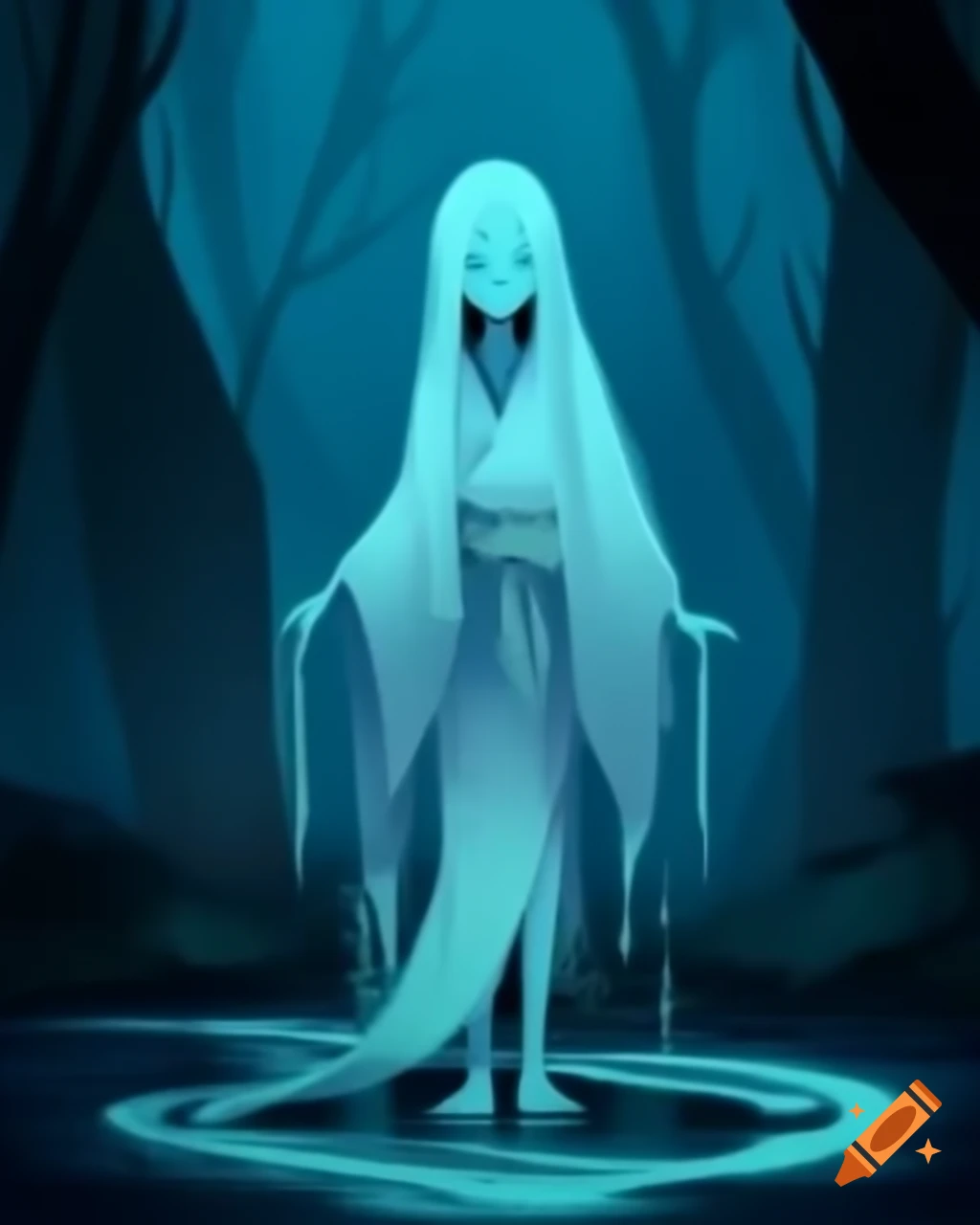 Serene ghost girl in misty graveyard wearing white kimono on Craiyon