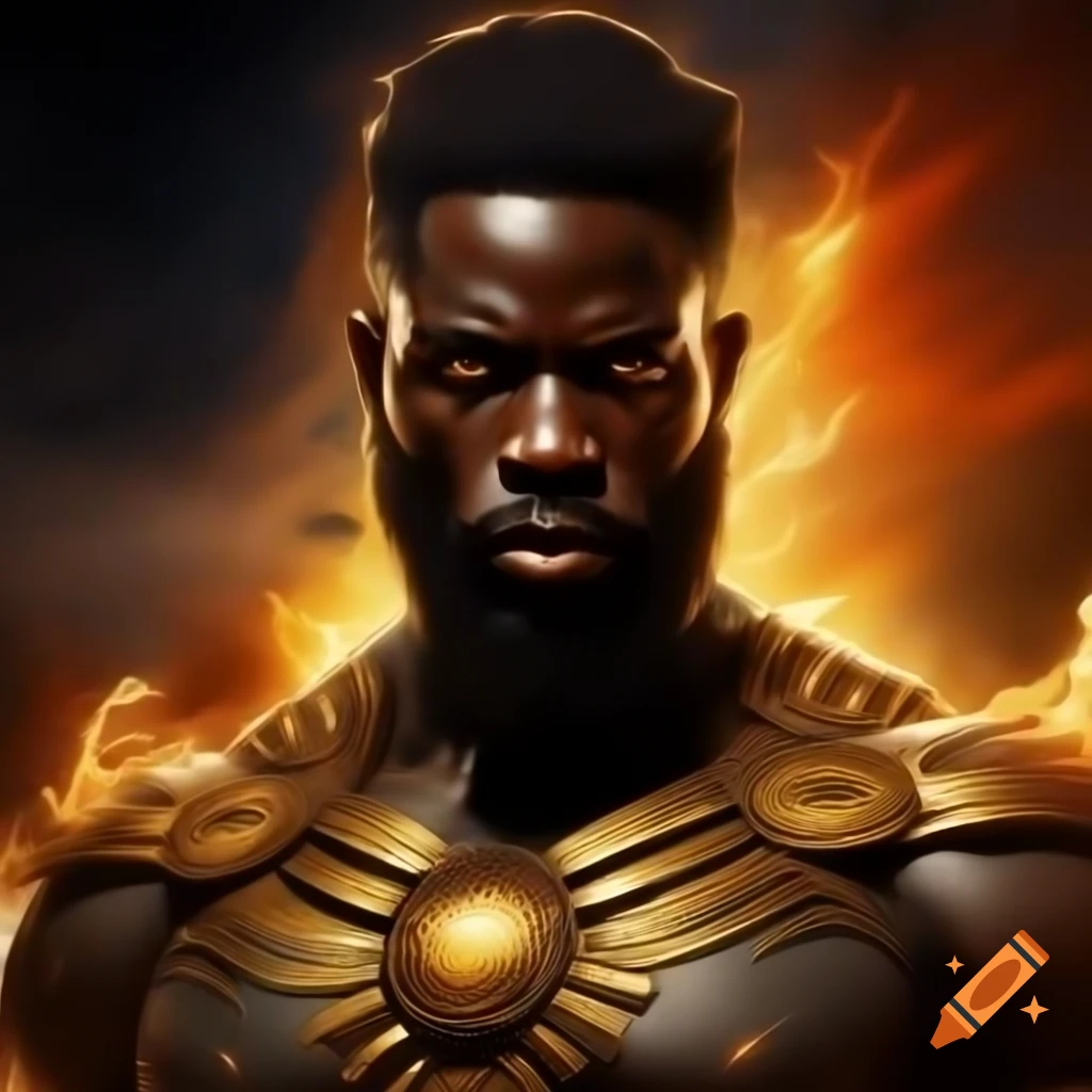 Powerful african superhero in golden and black suit radiating solar ...