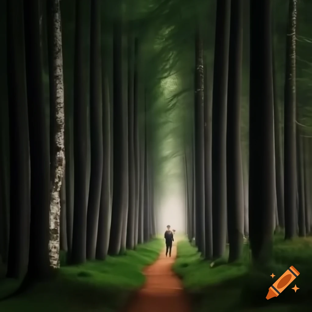 Boy walking into dark forest with path, titled 'the forest holds ...