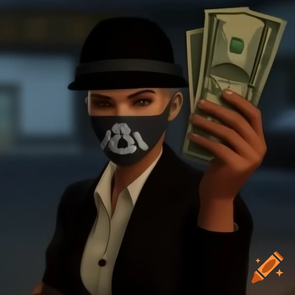 Gangster girl in mask holding bag of money in a gta-inspired scene on ...
