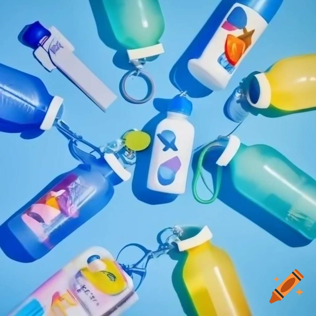 Vibrant pile of used plastic water bottles with colorful keychains and ...