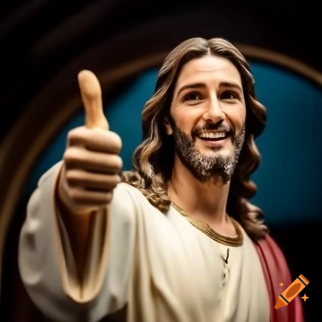 Smiling jesus statue giving thumbs up and winking on Craiyon