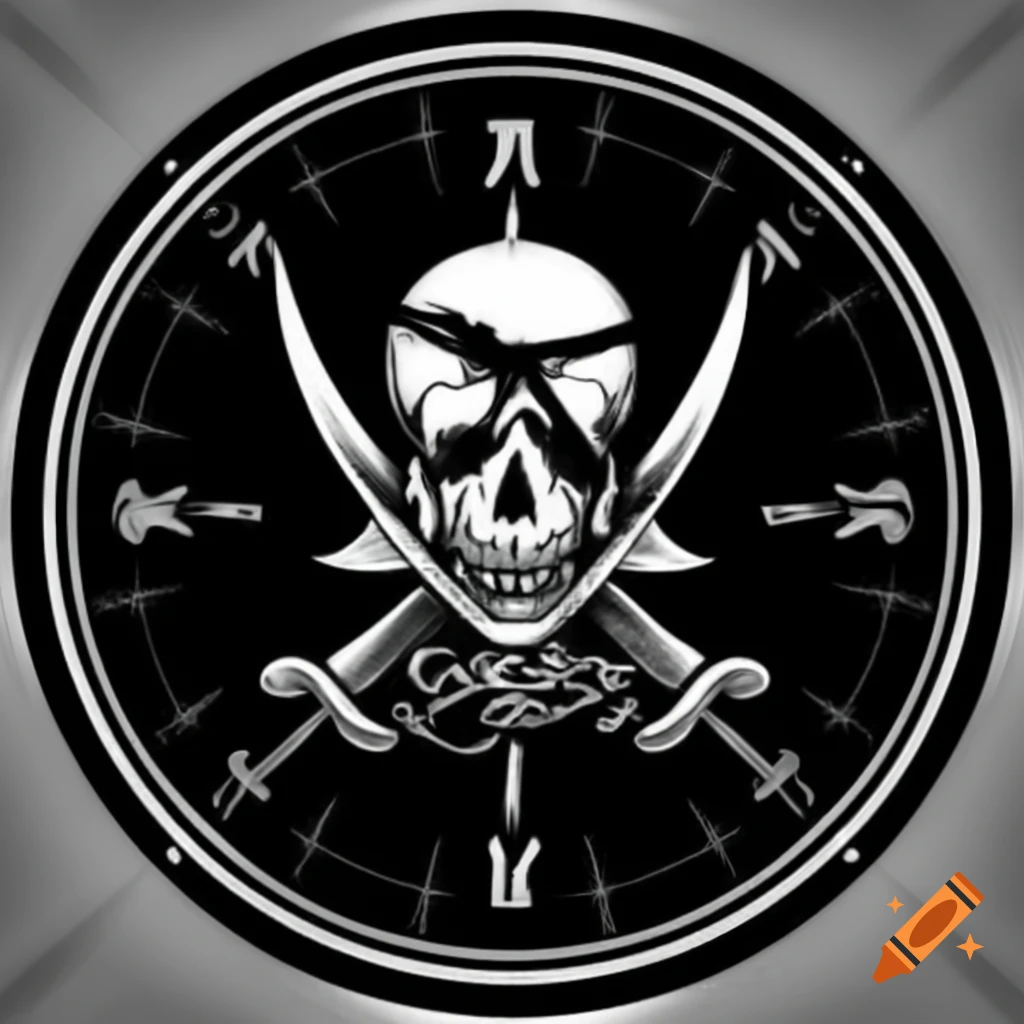 Monochrome pirate logo with compass in a cryptic circle on Craiyon