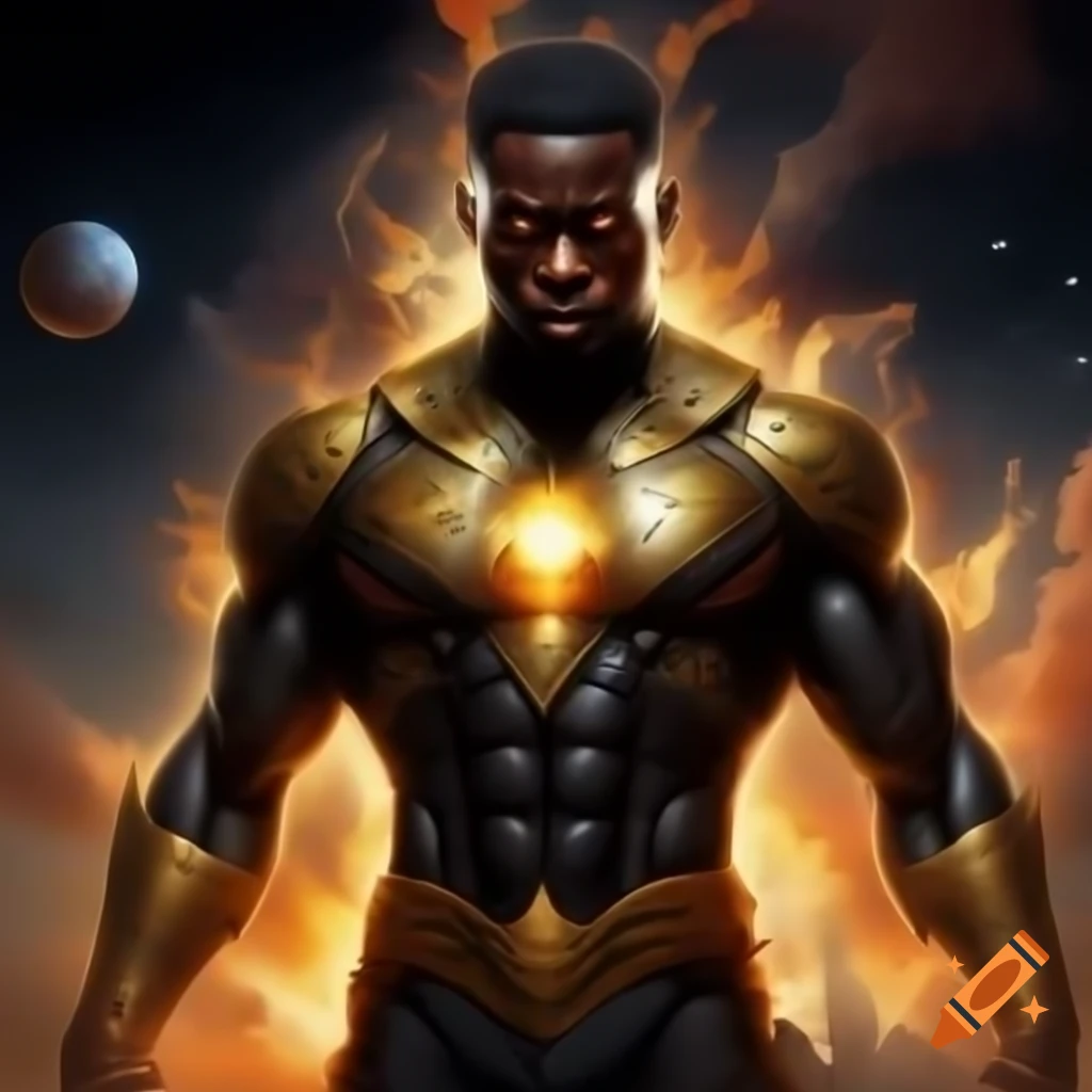 Powerful african superhero in golden and black suit radiating solar ...