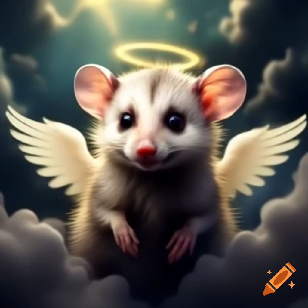 Cherubic opossum with angel wings drifting among clouds in celestial ...