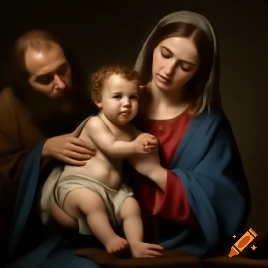 Virgin Mary with child Jesus and Joseph in a serene setting on Craiyon