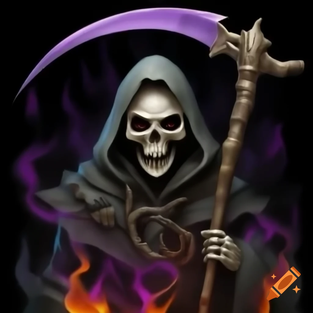 Detailed and scary skeleton necromancer wielding a scythe with purple ...