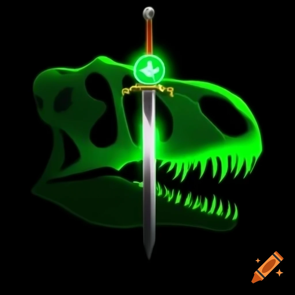 Sword with green lantern symbol aimed at open t-rex skull on Craiyon