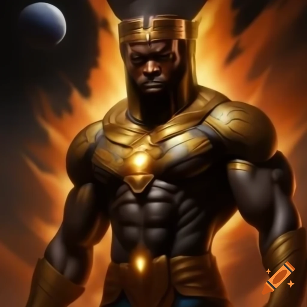 Powerful African superhero in golden and black suit radiating solar ...