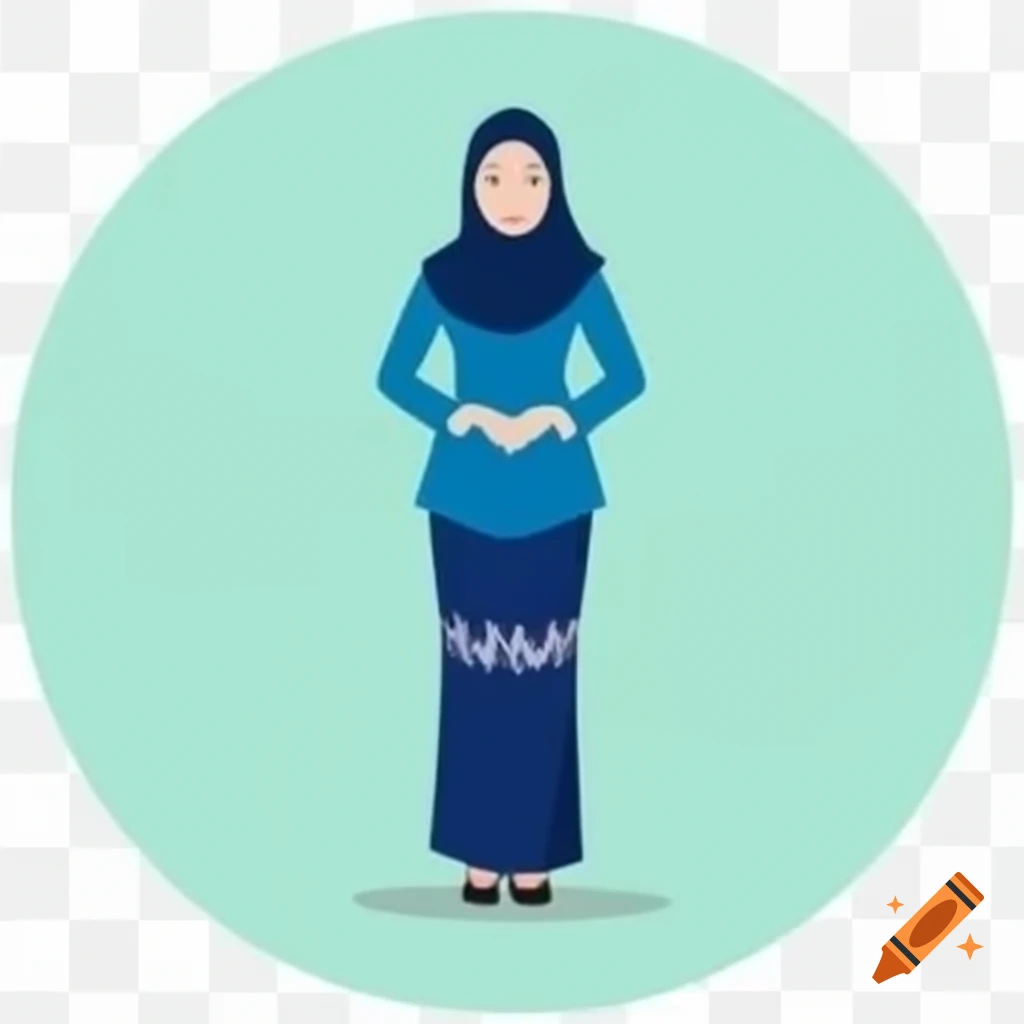 Malay woman in traditional blue baju kurung, standing in full-length ...