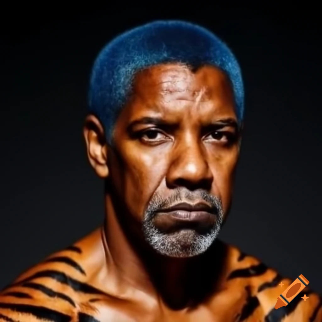 Muscular man with tiger-style makeup featuring blue hair and orange ...