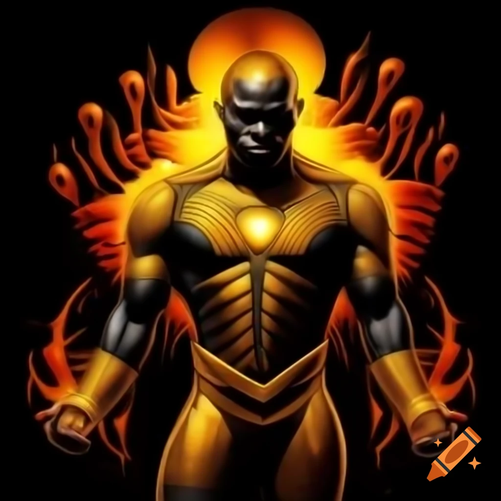 Powerful African superhero in golden and black suit radiating solar ...