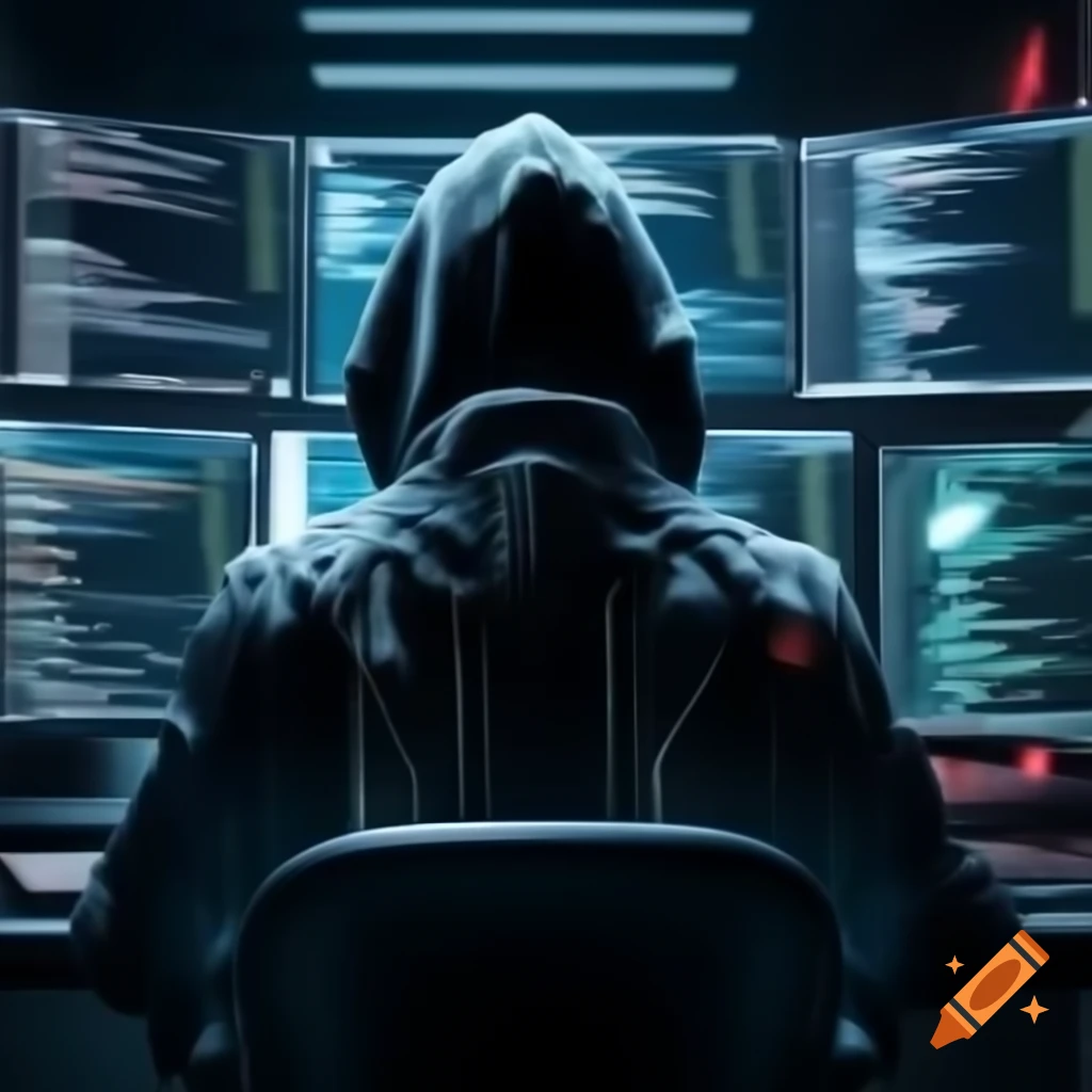 Futuristic hacker in dark room with computer screens displaying code ...