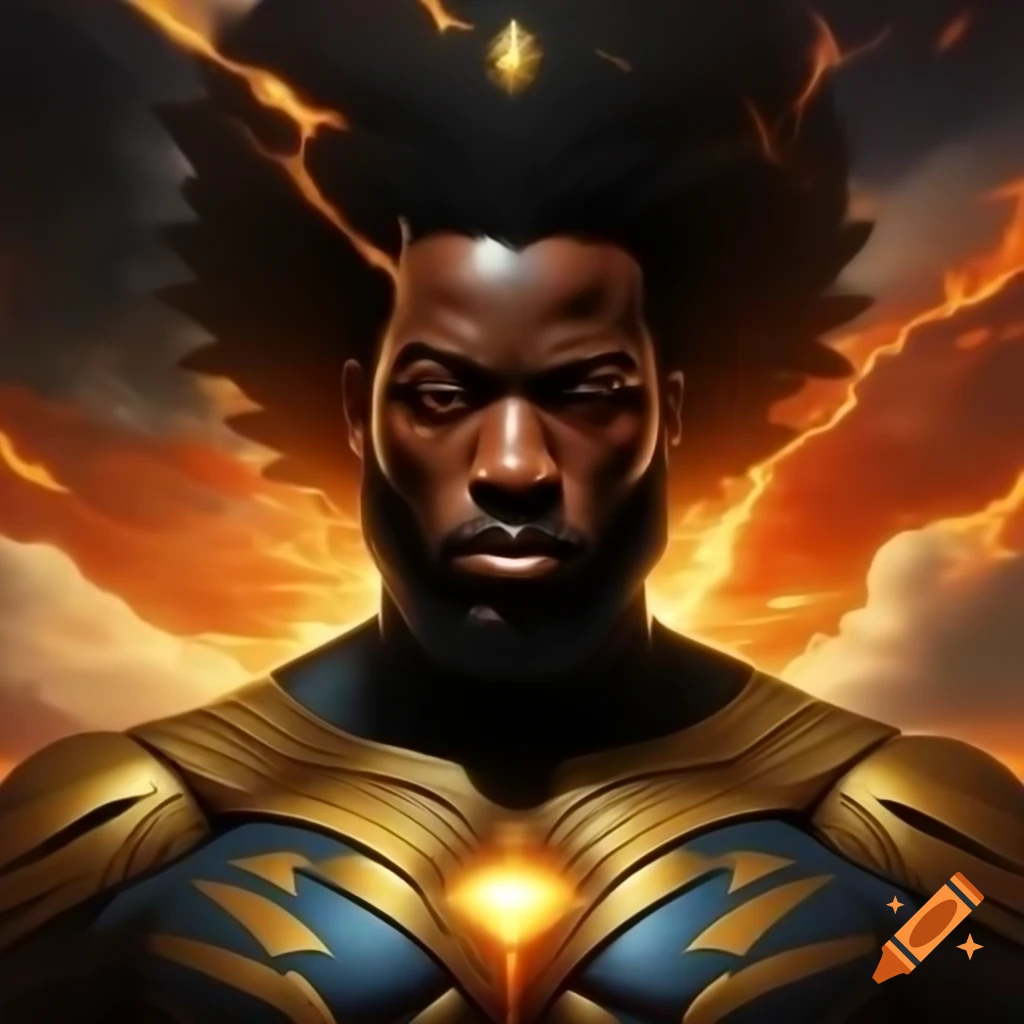 Powerful african superhero in golden and black suit radiating solar ...