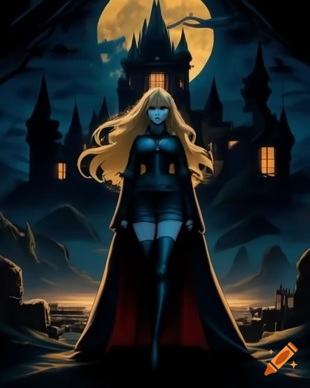90's vintage anime illustration of vampire lady in front of mysterious ...