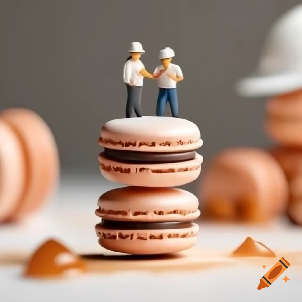 Miniature construction workers building on stack of macarons with ...
