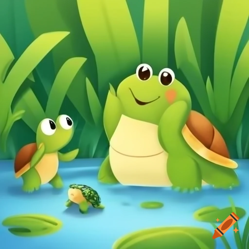 Cheerful green frog and turtle in pond, cartoon style on Craiyon