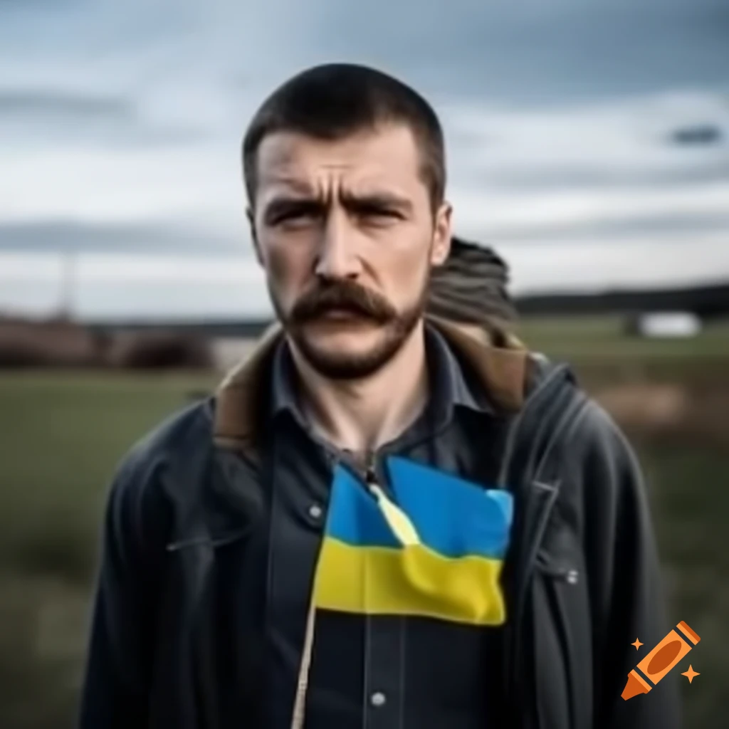 Young athletic man with mustache in jeans and ukrainian flag in rural ...