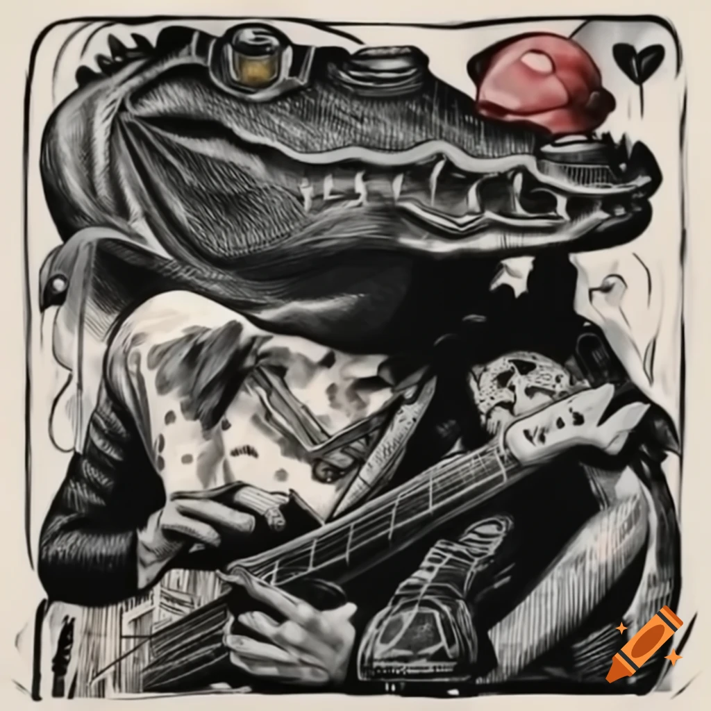 Humanoid alligator playing guitar in black ink illustration on Craiyon