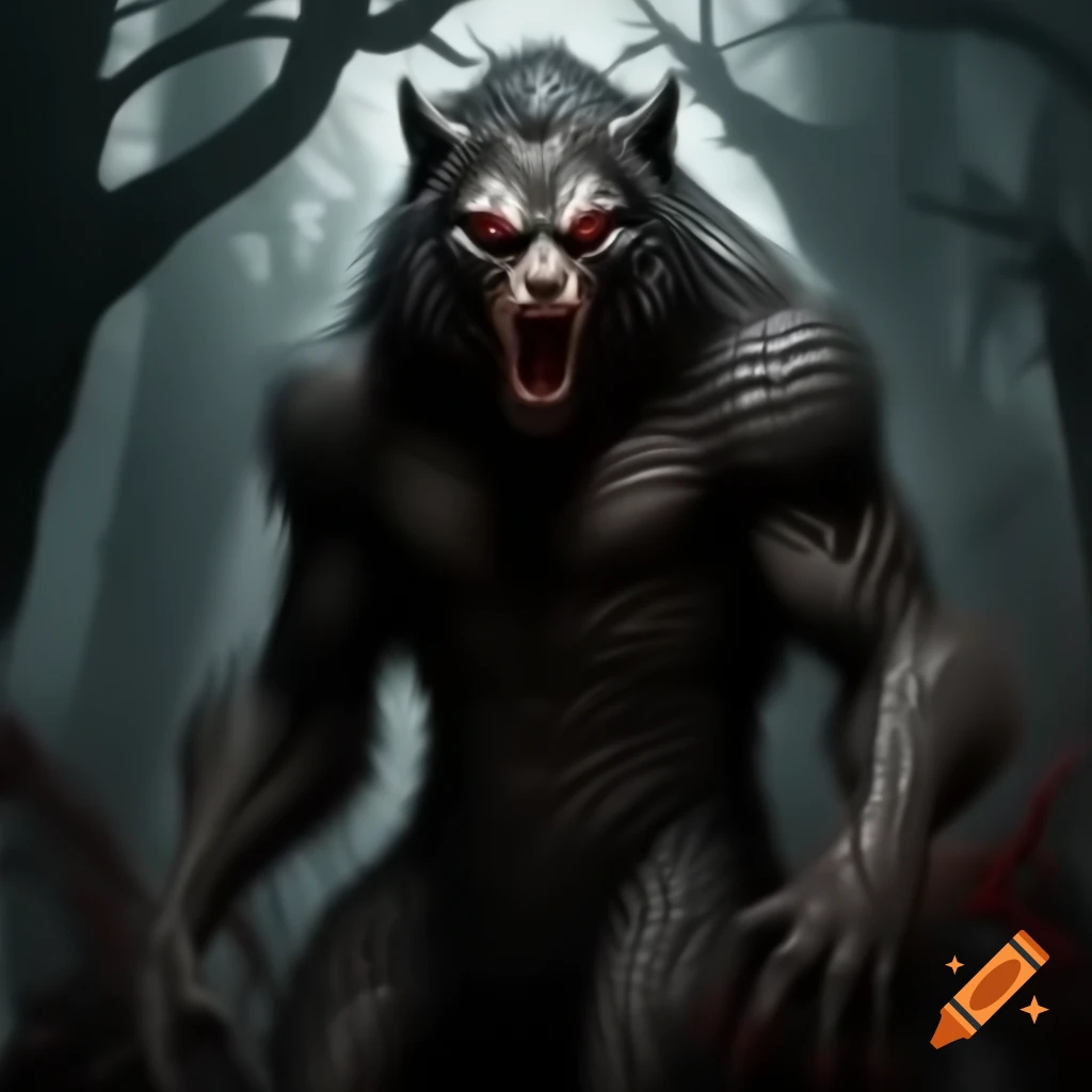 Werewolf-like creature in dark forest with fog and gnarled trees on Craiyon