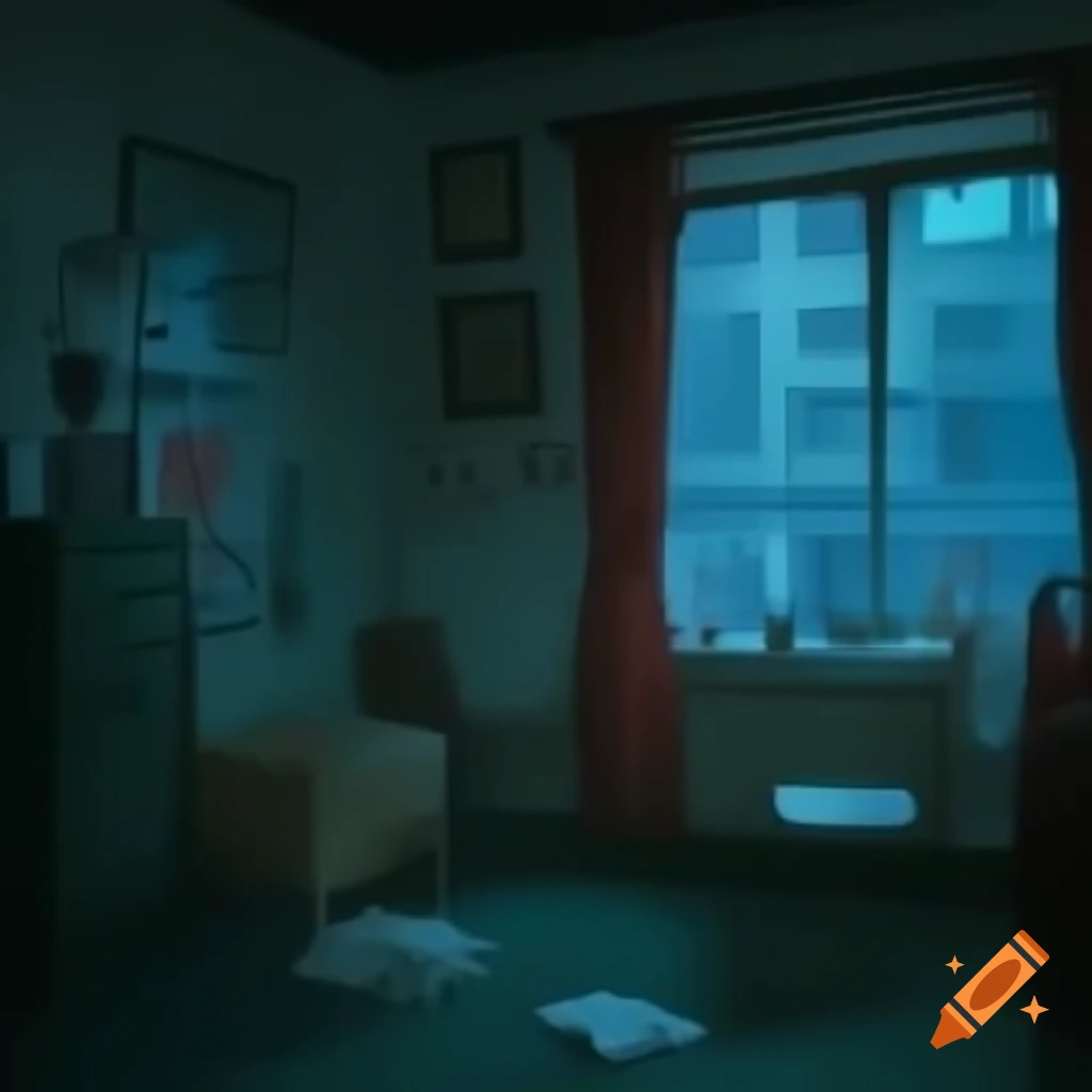 Cozy dimly lit room with vintage decor and rainy street view, pastel ...