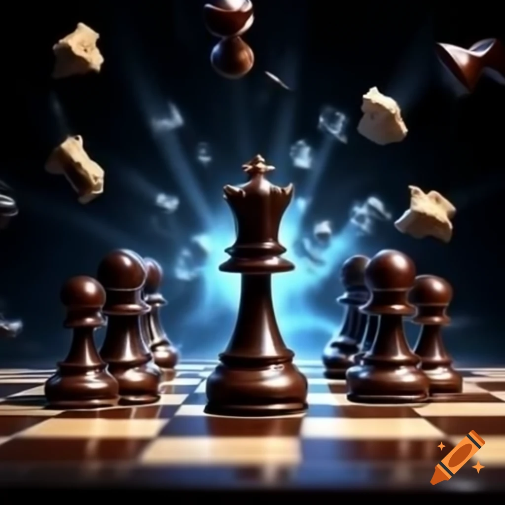 Exploding chess king piece with chessboard and pieces flying away on ...