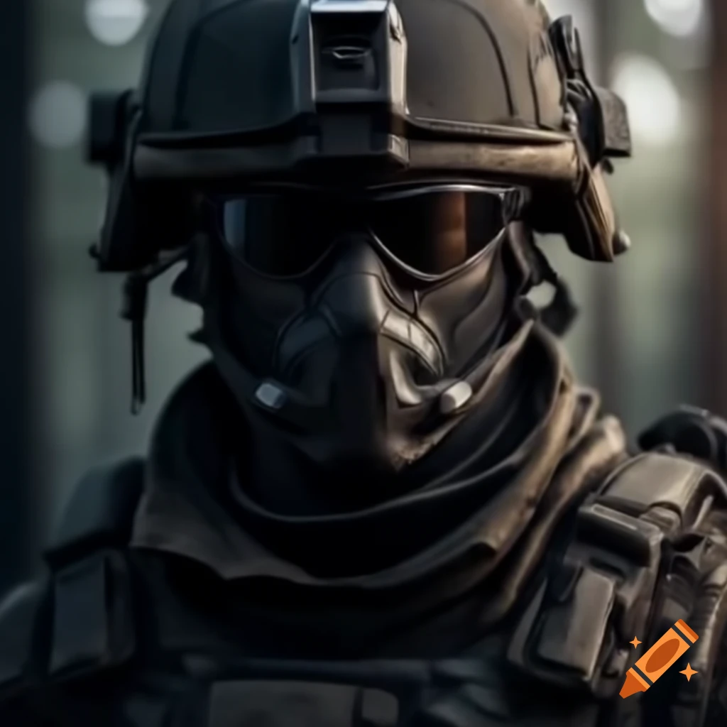 Hyper-realistic soldier in worn black tactical gear with featureless ...