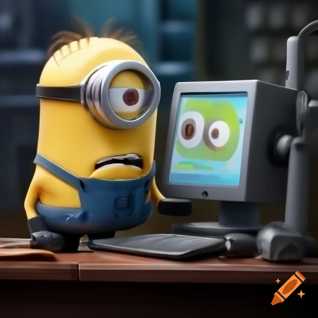 Yellow minion using a laptop computer on Craiyon