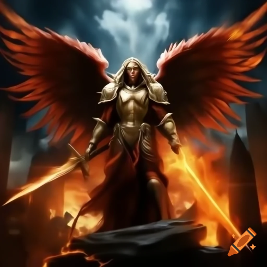 Epic angel with fiery wings and glowing sword over burning city at ...