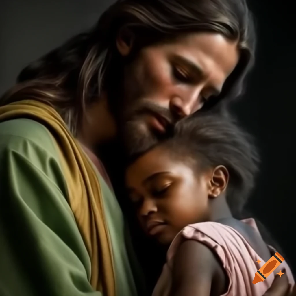 Jesus in green robe embracing African girl in yellow and pink dress ...
