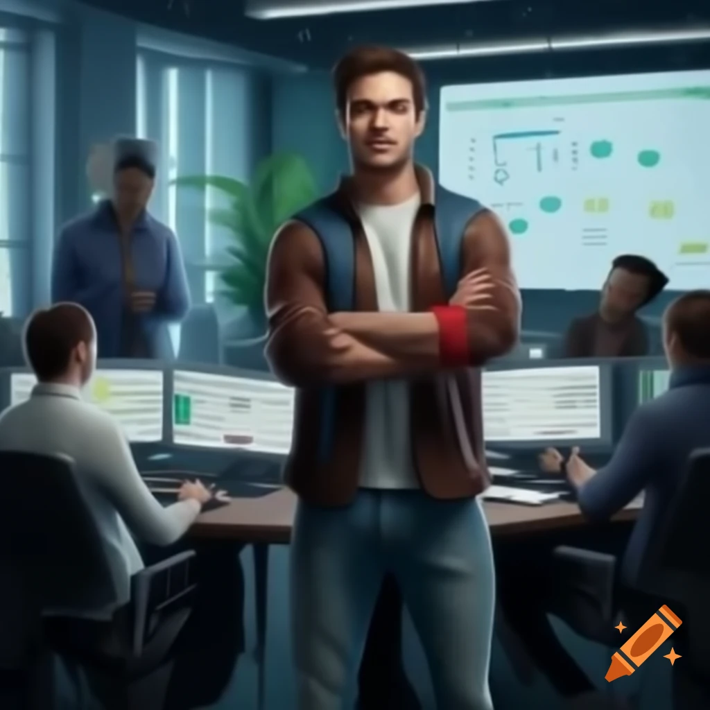 Confident Scrum Master character in smart-casual attire at Scrum board ...