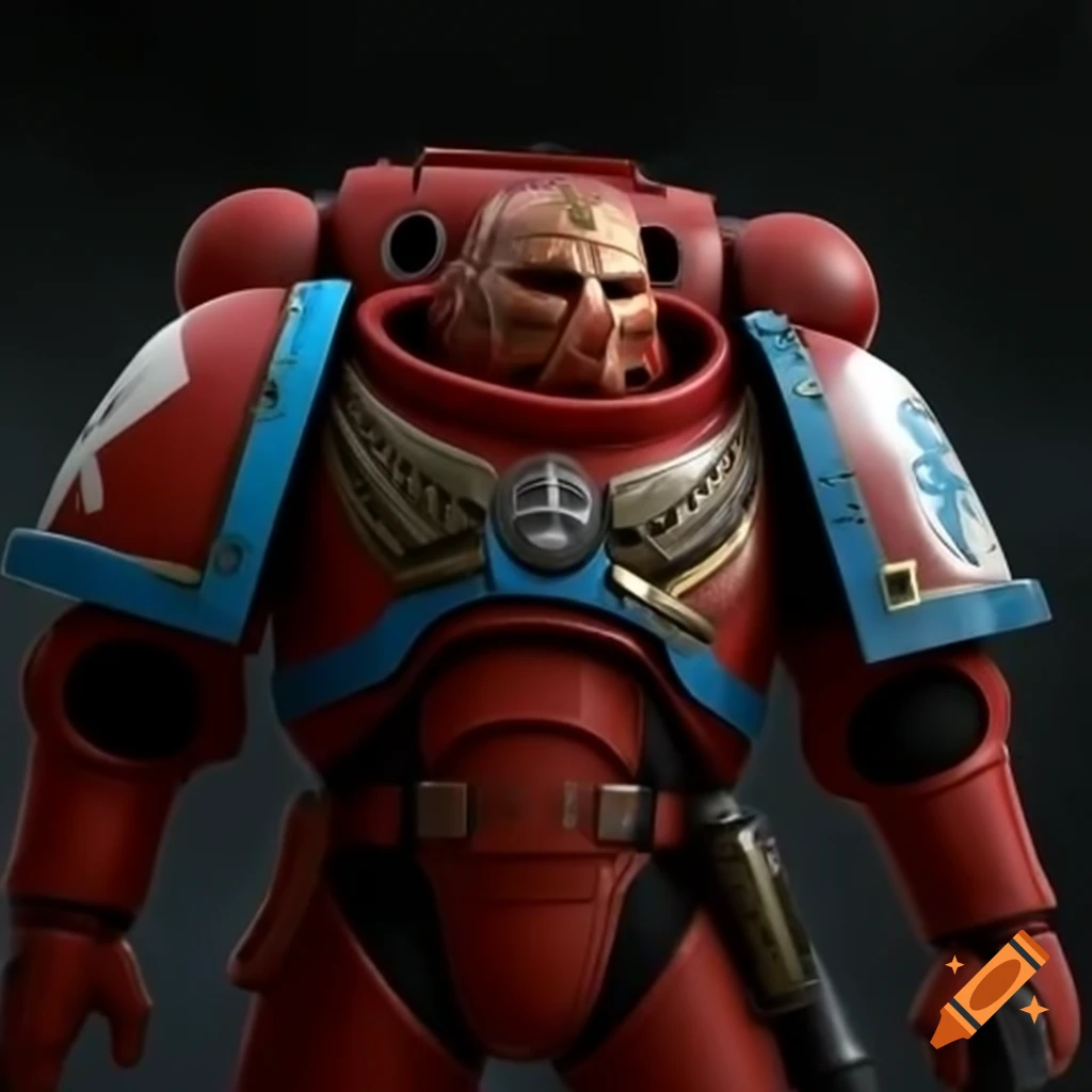Warhammer 40K space marine in red armor with sky blue trim and "CB ...