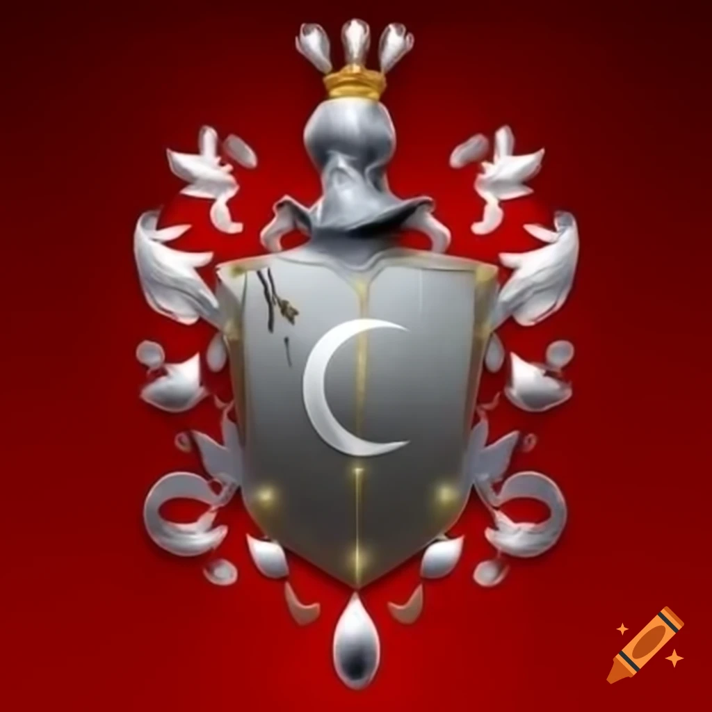 Shield design featuring red background, silver crescent moon, upward ...