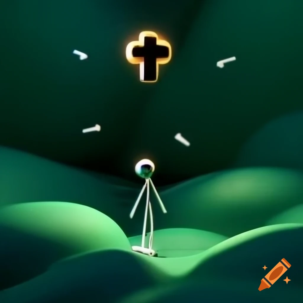 Serene 3D stick figure with halo and cross in shadowed valley on Craiyon