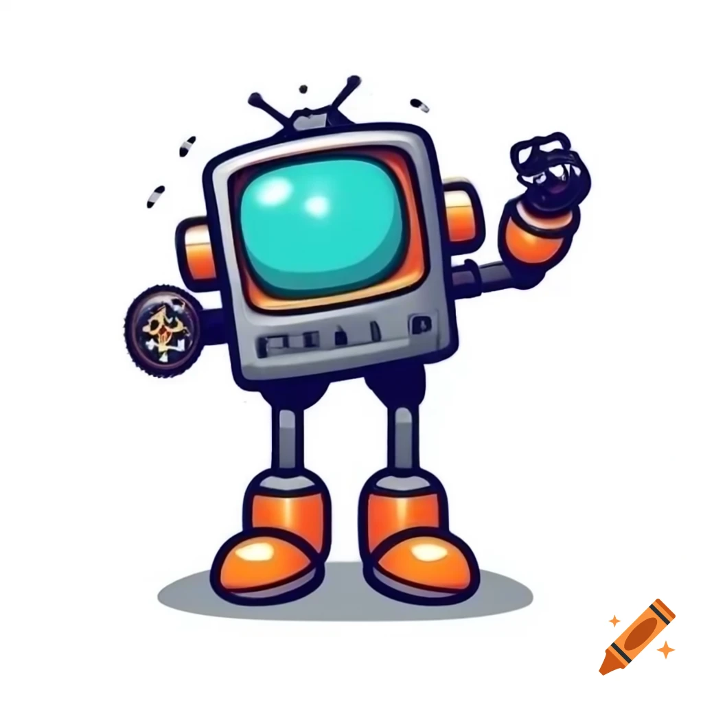Retro-futuristic robot mascot with vintage CRT television head and ...