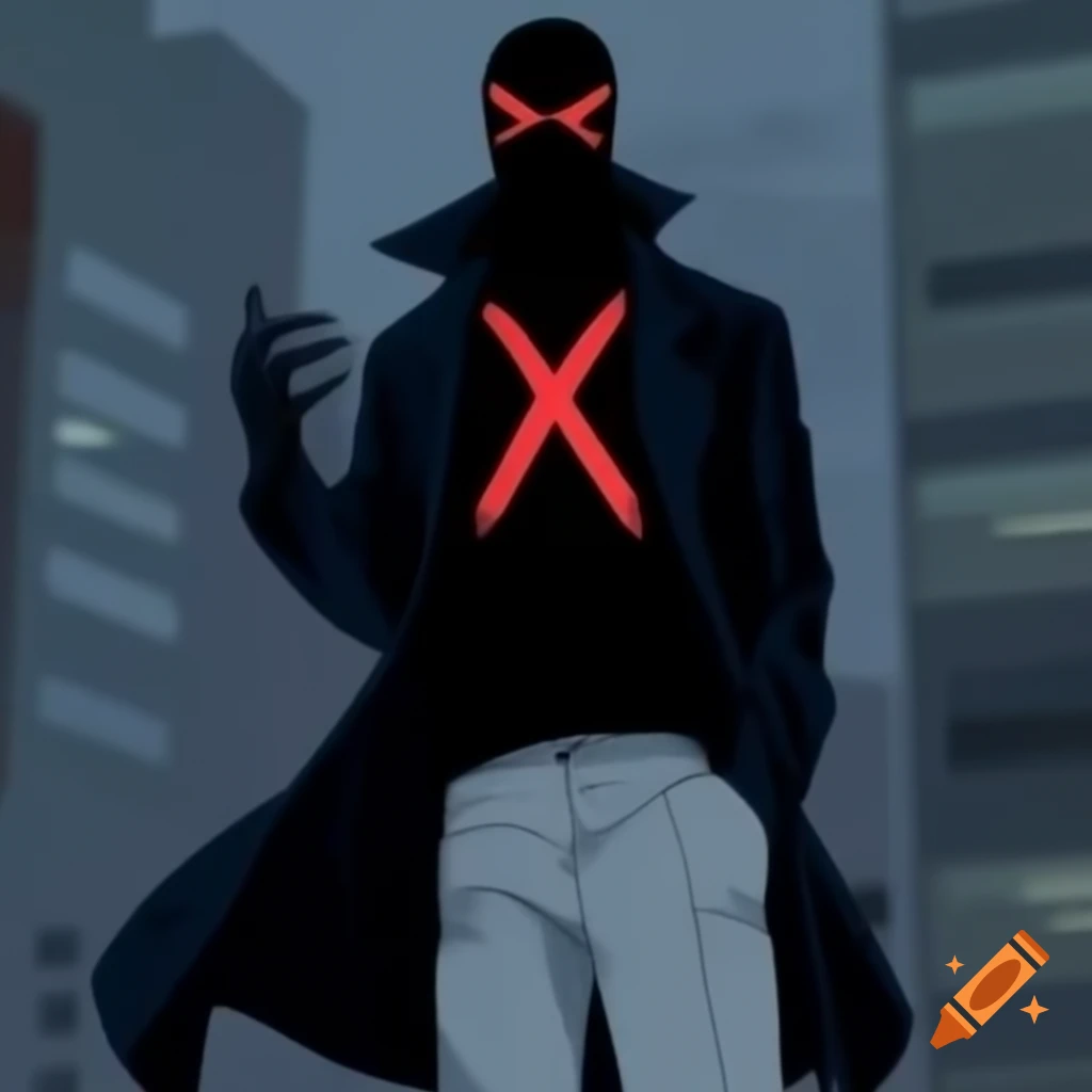 Anime superhero man in black mask with red X, blue coat, and white ...
