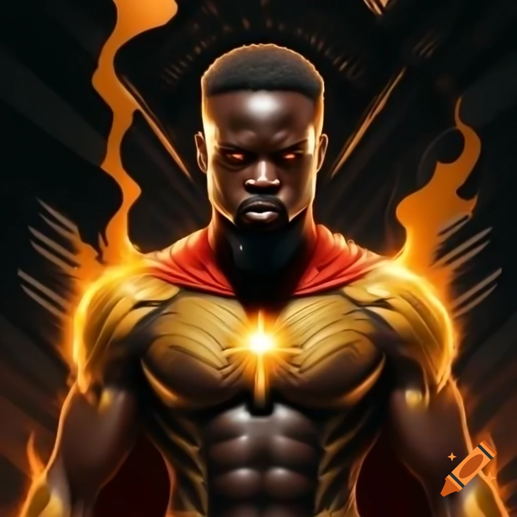 Powerful African superhero in golden and black suit radiating solar ...