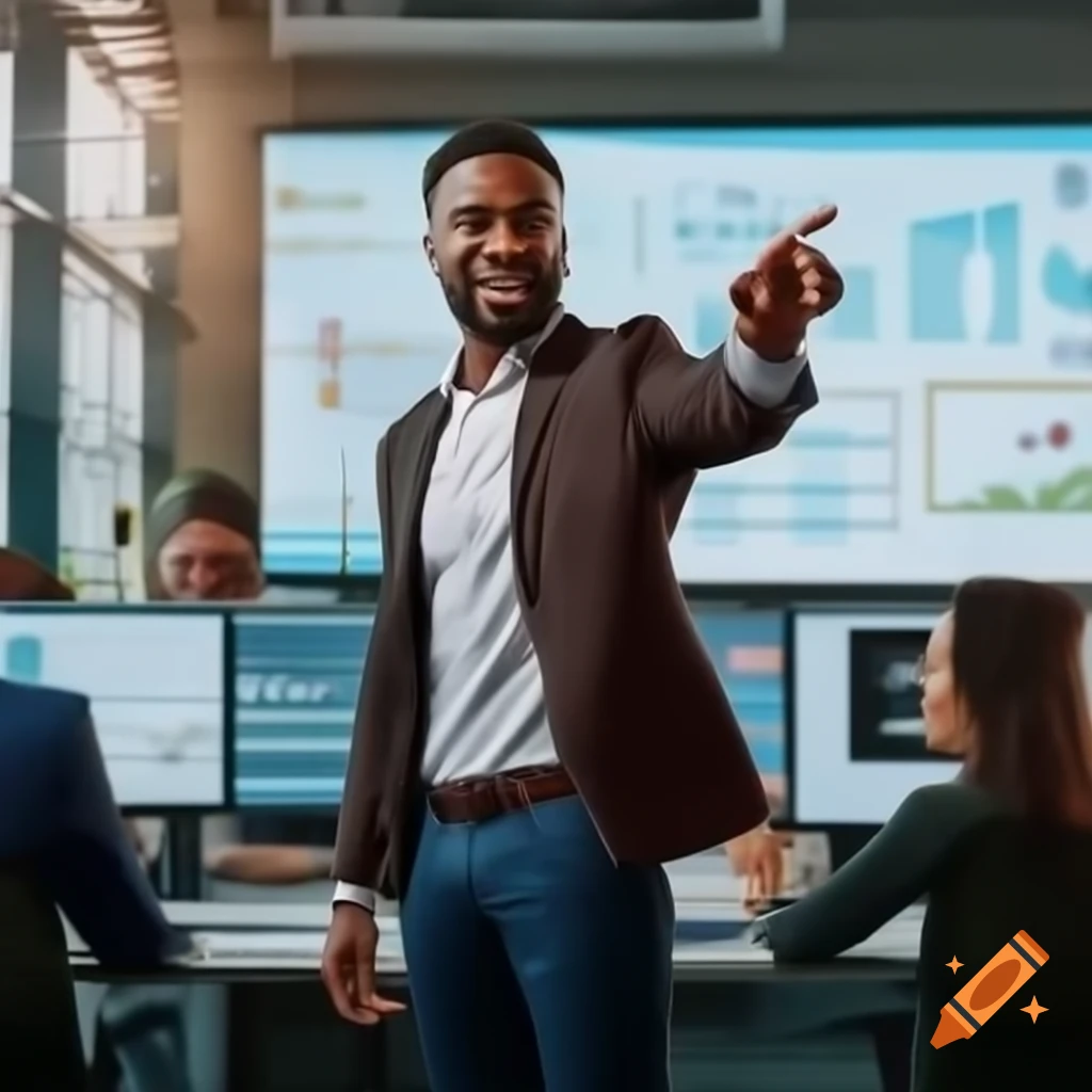 Confident scrum master character standing in front of a team in smart ...