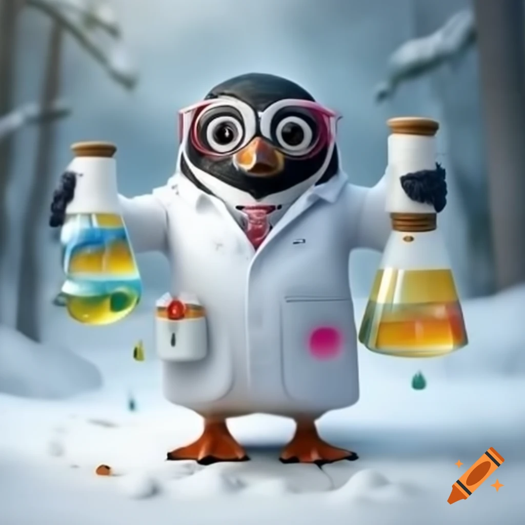 Realistic scientist penguin in lab coat mixing beakers with colorful ...