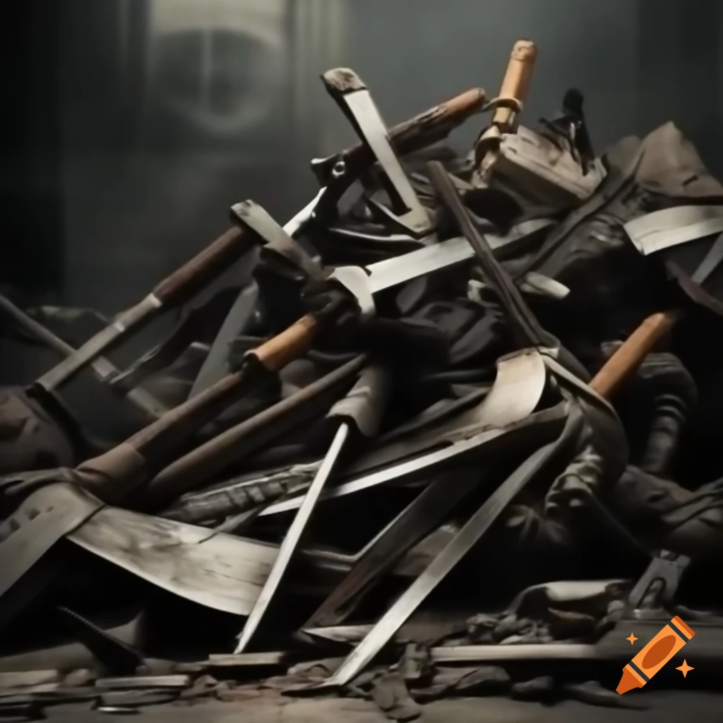 Large pile of worn scrap metal weapons including swords and shields on ...