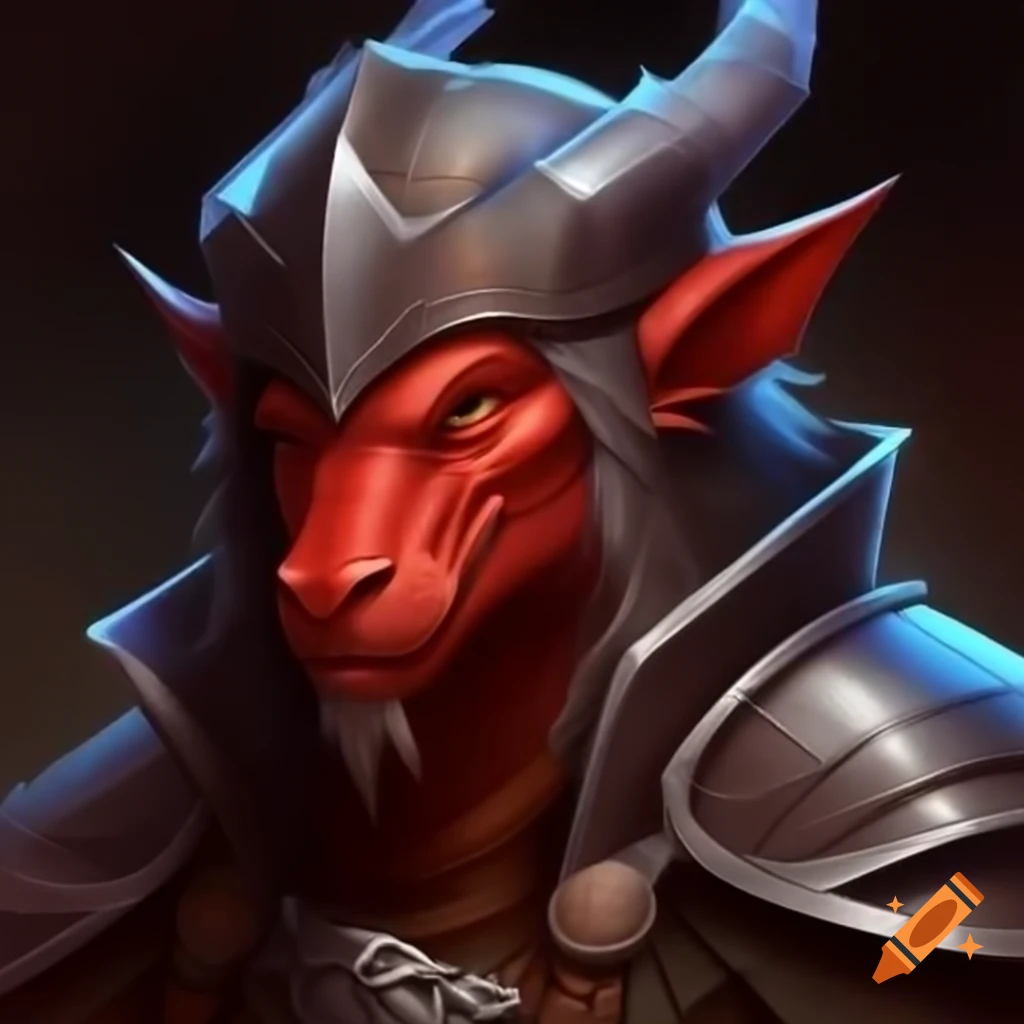 Red dragonborn in silver armor and helmet wielding a sword on Craiyon