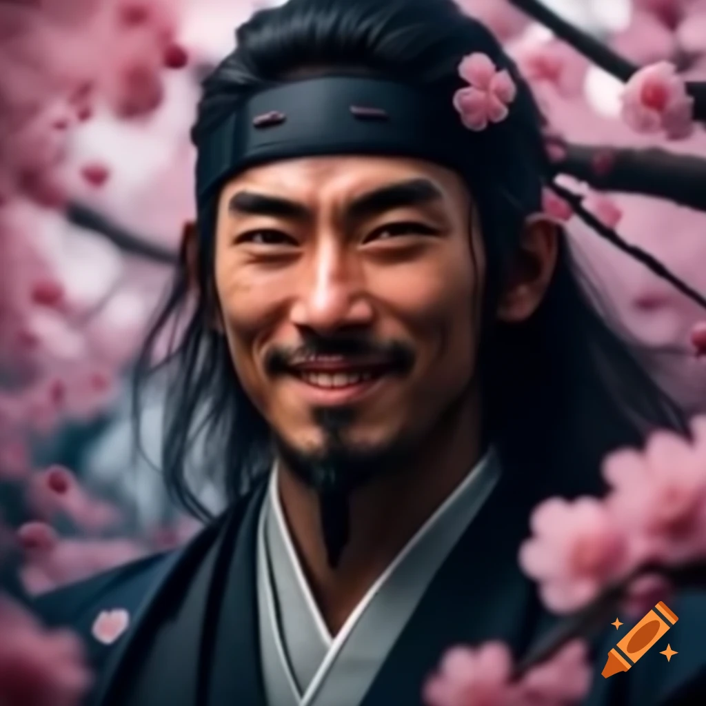 Smiling samurai in vibrant cherry blossoms with flowing black hair on ...