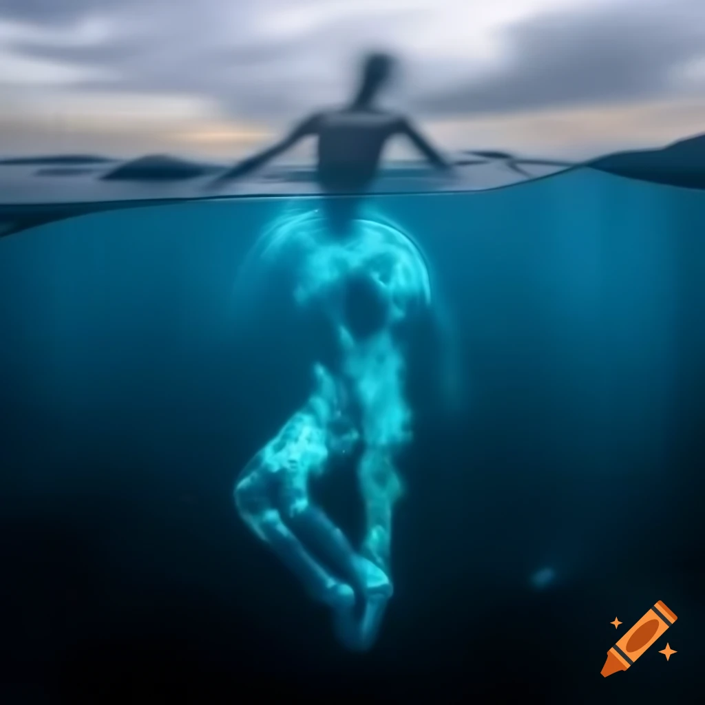 Semi-transparent human figure in tidal waves made of bioluminescent ...