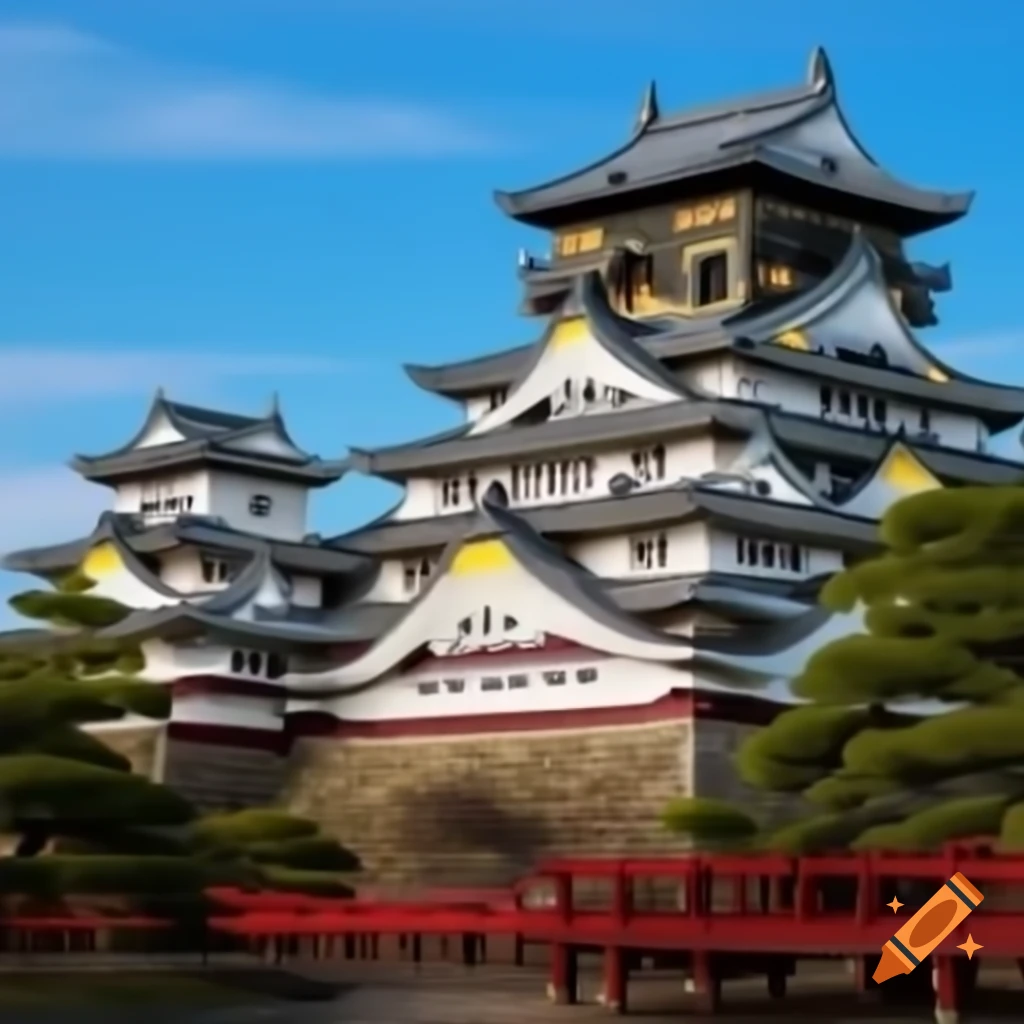 Imposing Japanese medieval castle on a green hill with curved roofs and ...