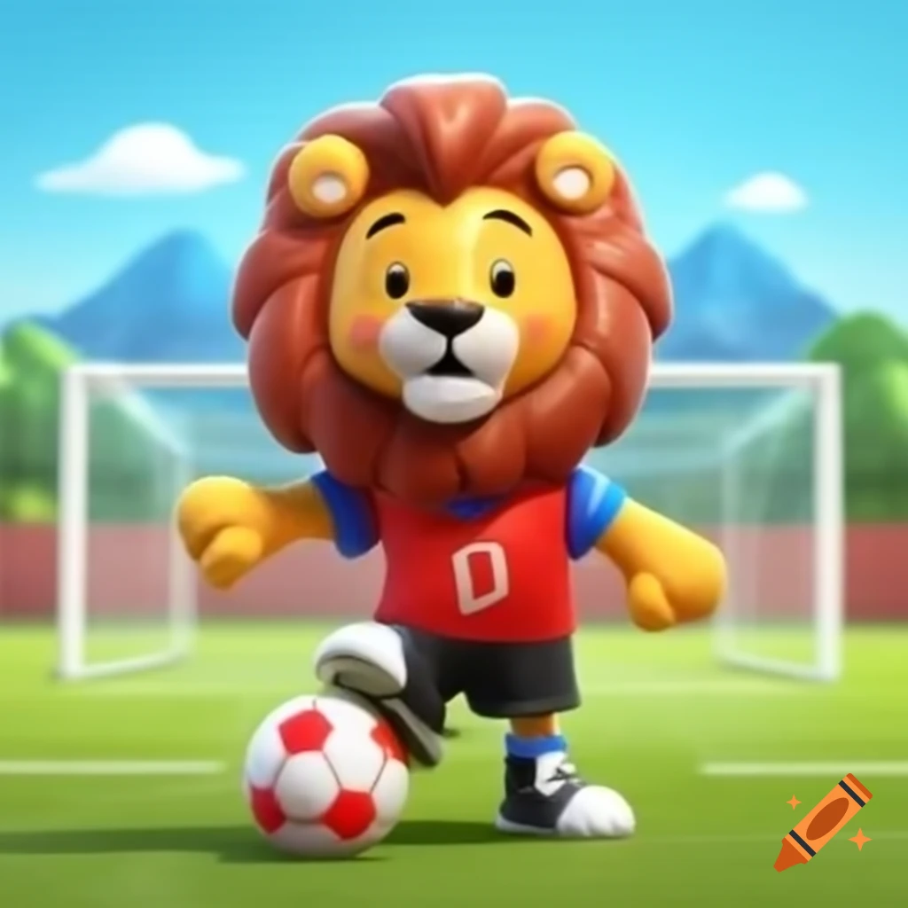 Youthful nonbinary cartoon lion in jersey and shorts playing soccer on ...