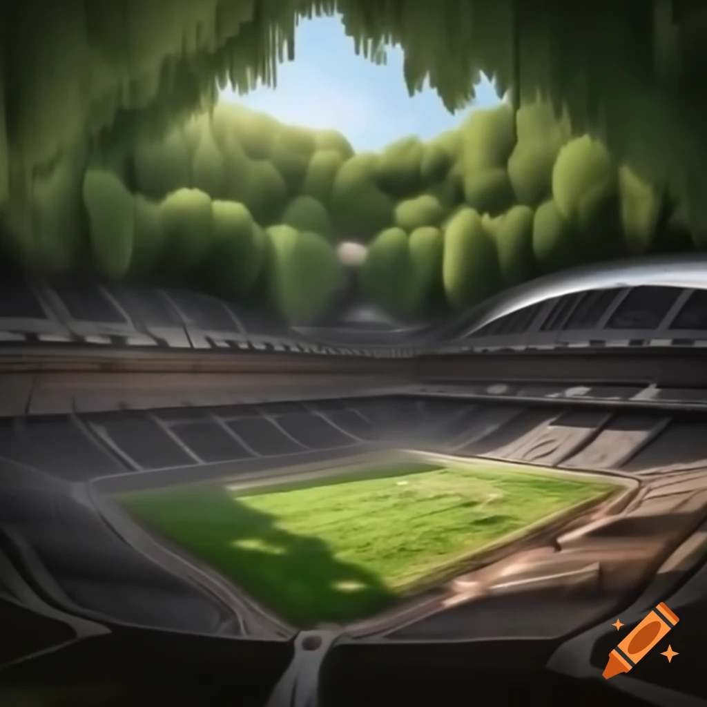 Massive arena with trees and alien elements in a natural setting on Craiyon