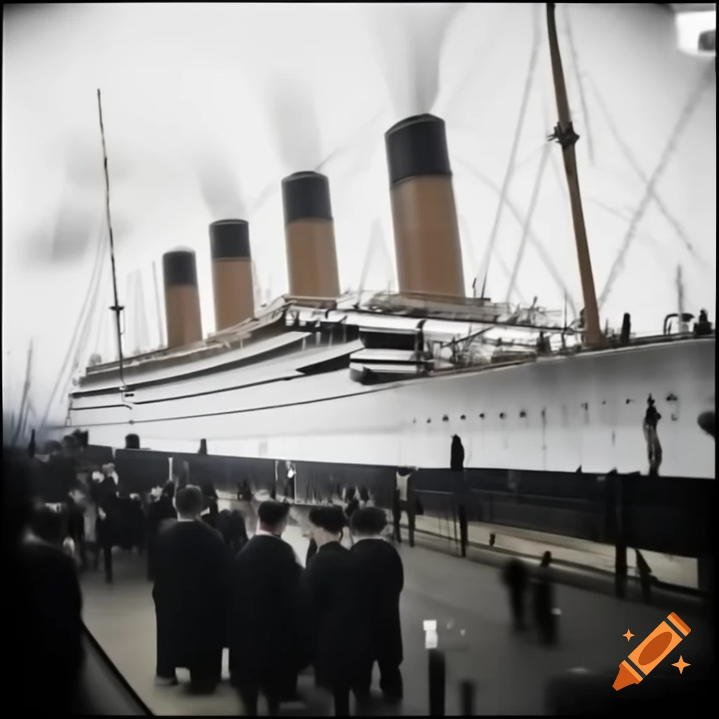POV of stepping onto the Titanic with crew members in crisp uniforms on Craiyon